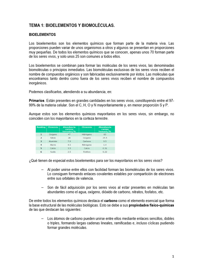 TEMA 1 - Bioelementos y Biomoléculas | PDF | Organismos | Moléculas