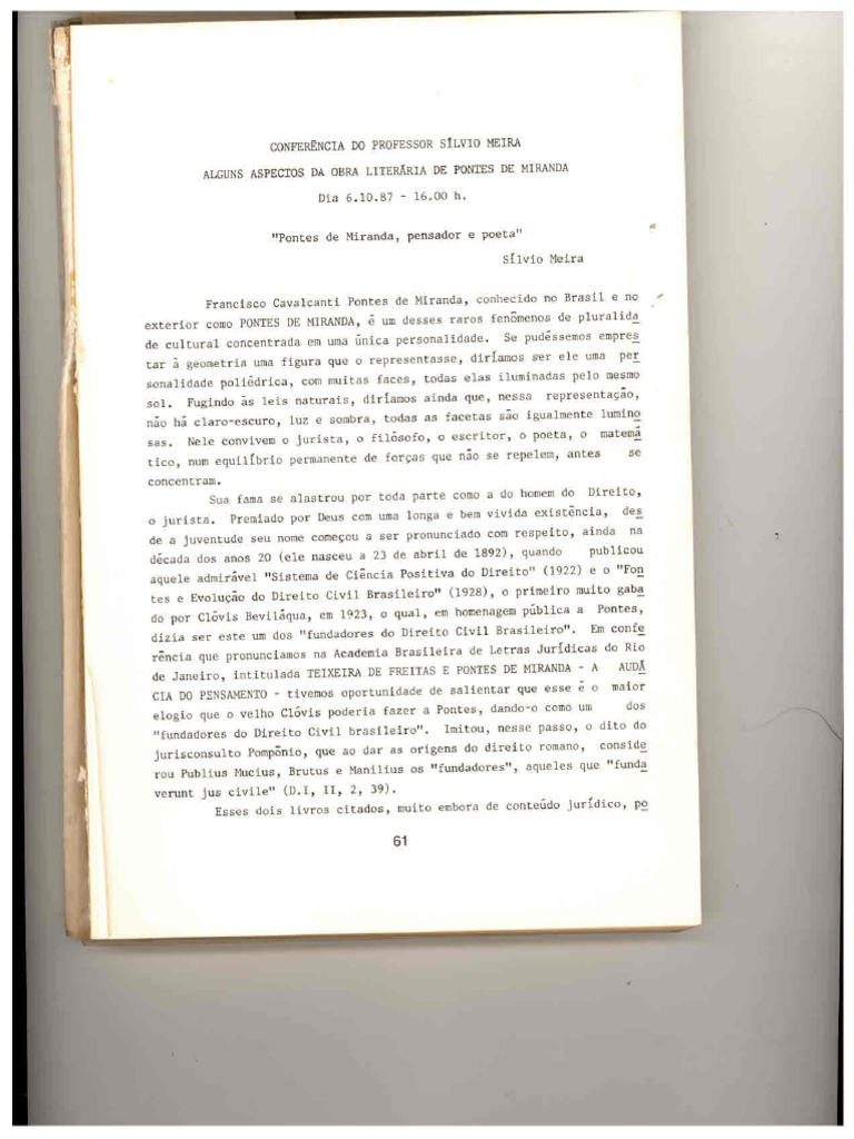Alguns Aspectos Da Obra Literária de Pontes de Miranda Autor Silvio ...