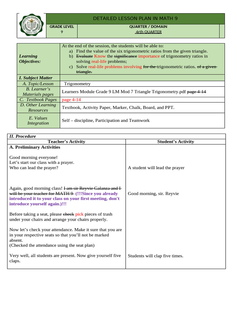 Trigonometric Ratios Lesson Plan | PDF | Trigonometric Functions ...