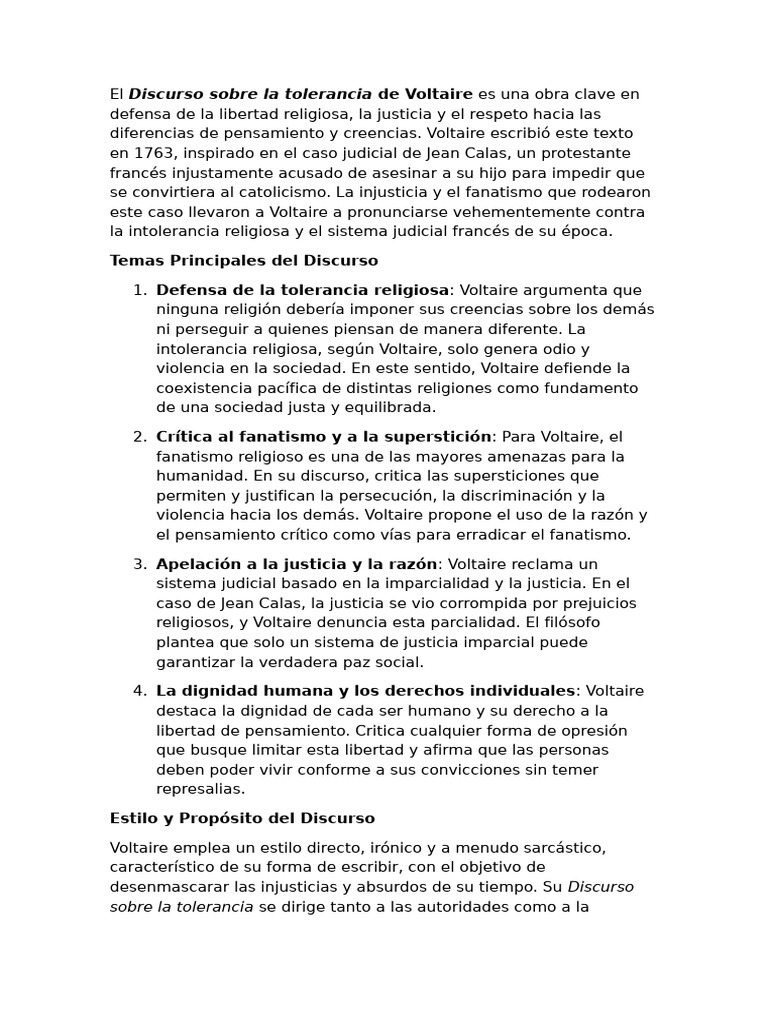El Discurso Sobre La Tolerancia de Voltaire | PDF | Tolerancia | Voltaire