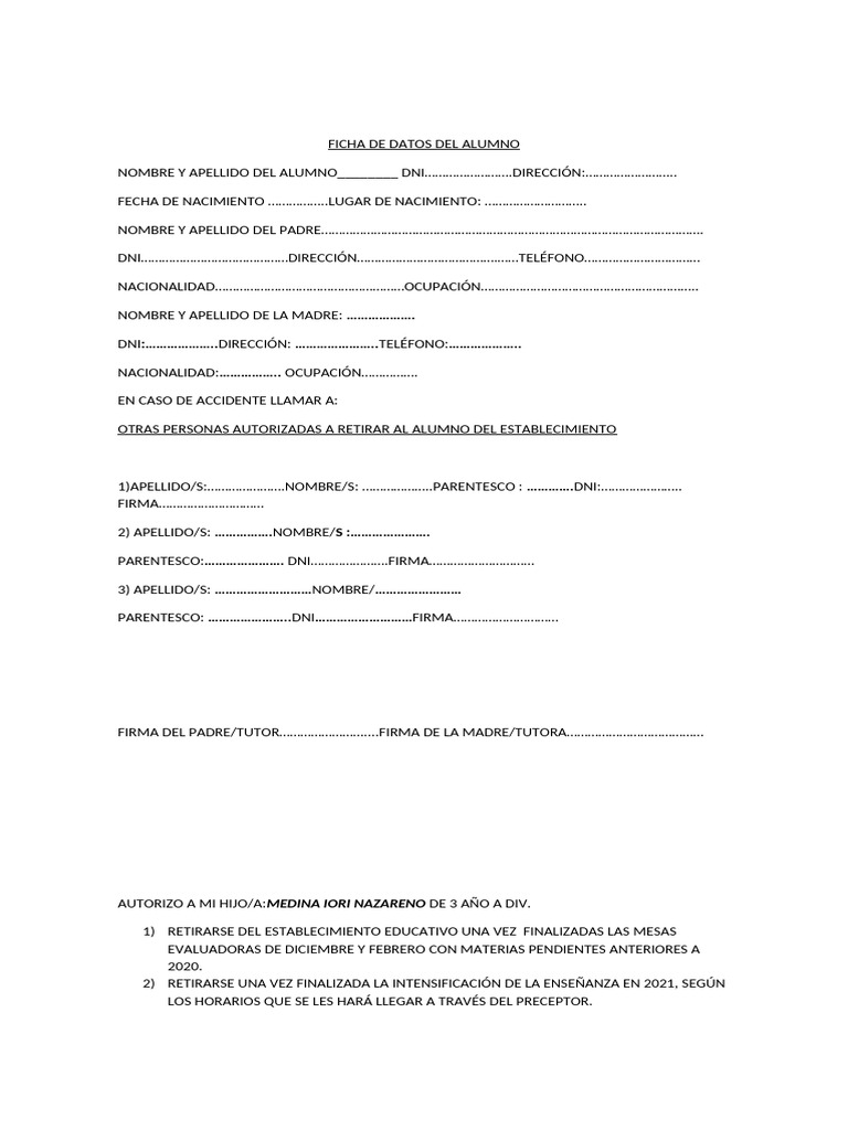 FICHA DE DATOS DEL ALUMNO y Autorizaciones-1 | PDF