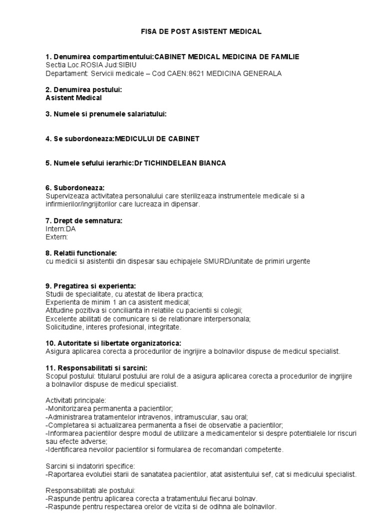 Fisa de Post Asistent Medical