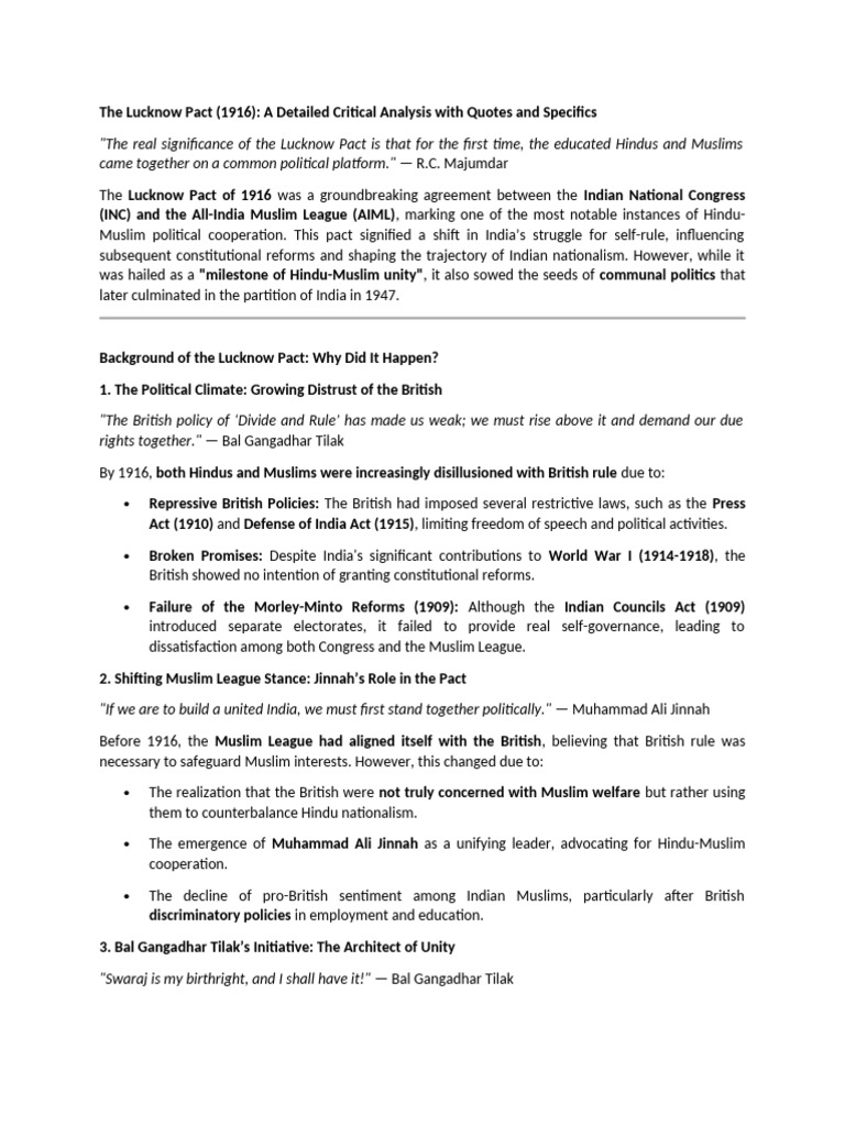 The Lucknow Pact | PDF | All India Muslim League | British Raj