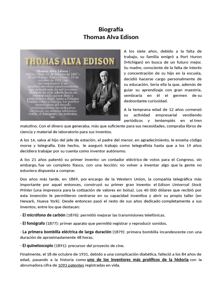 Biografía de Thomas Alva Edison | PDF | Thomas Edison