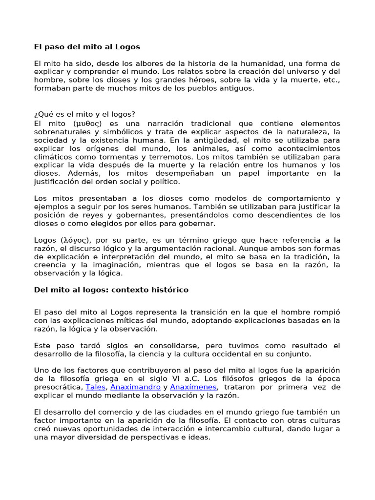 Del mito al logos: evolución del pensamiento | PDF | Filosofía griega ...