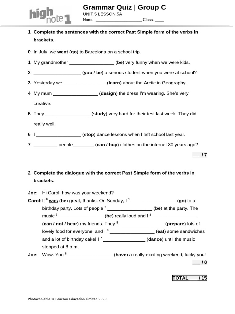 HighNote1 Grammar Quiz Unit05A GroupC | PDF