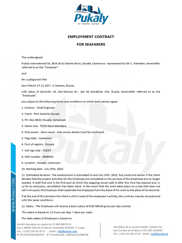 Seafarer Employment Terms | PDF | Social Security (United States) | Salary