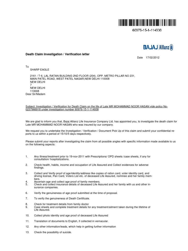 Death Claim Investigation / Verification Letter | PDF | Identity ...