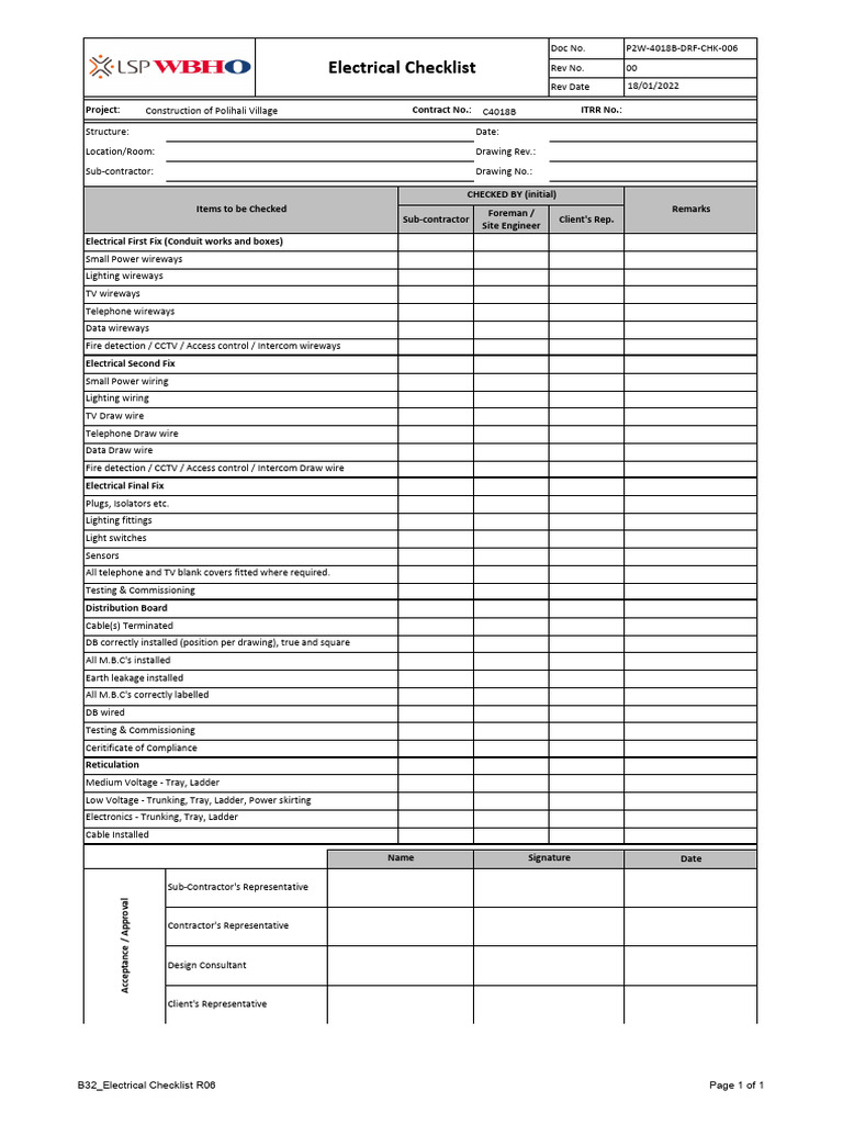 P2W 4018B DRF CHK 006 Electrical Checklist | PDF | Electrical Wiring | Manufactured Goods