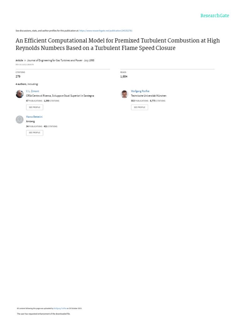 An Efficient Computational Model For Premixed Turbulent Combustion at High Reynolds Numbers ...