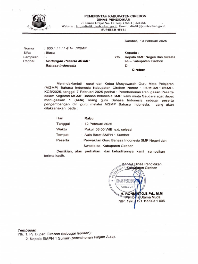 Surat Undangan Peserta MGMP Bhs Indonesia | PDF