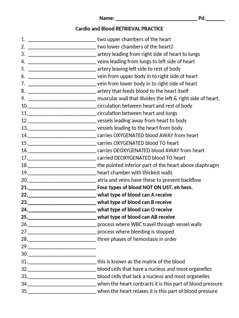 A & P Cardio Blood Retrieval Practice | PDF | Heart | Vein