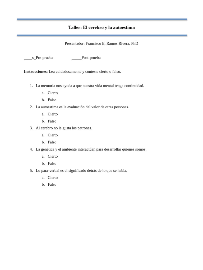 Pre y Post Prueba de Taller (Cerebro y Auto-Estima) | PDF