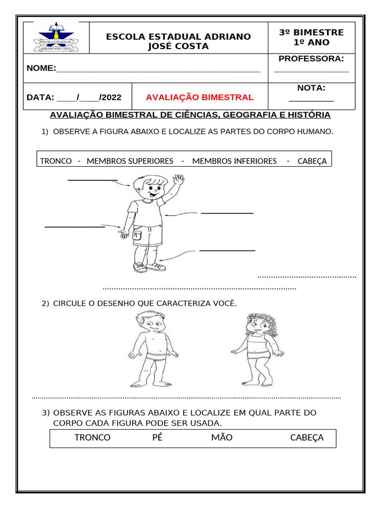 1º Ano - Aval. Bim. 3º Bimestre - C.G.F | PDF