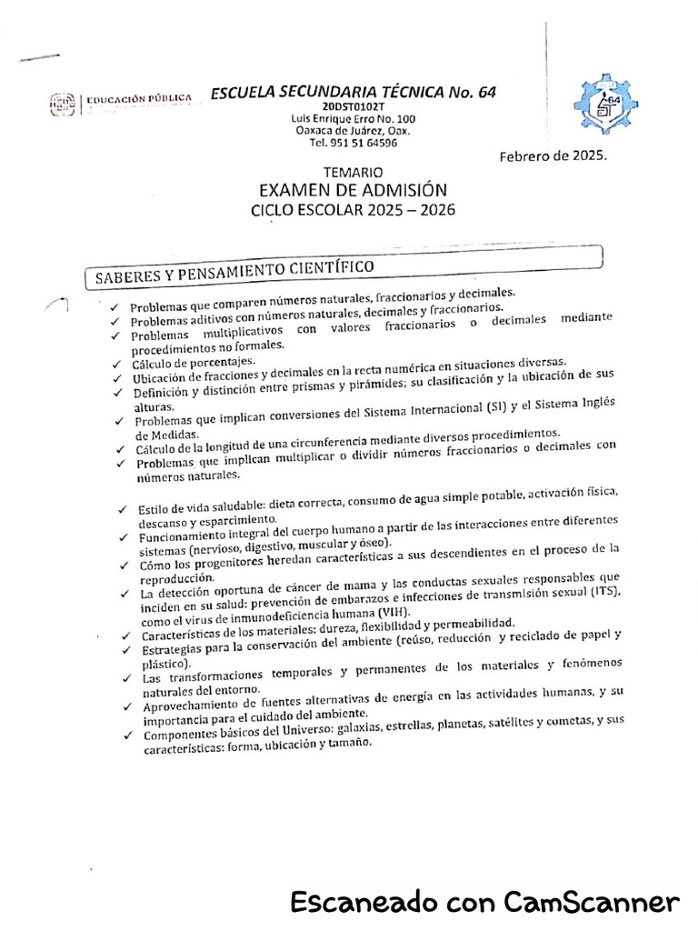Temario Examen de Admisión 2025-2026 | PDF