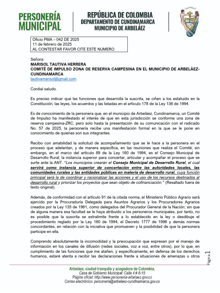 Oficio Pma-042-2025 Respuesta Marisol Tautiva Herrera Rad. 057-2025 | PDF