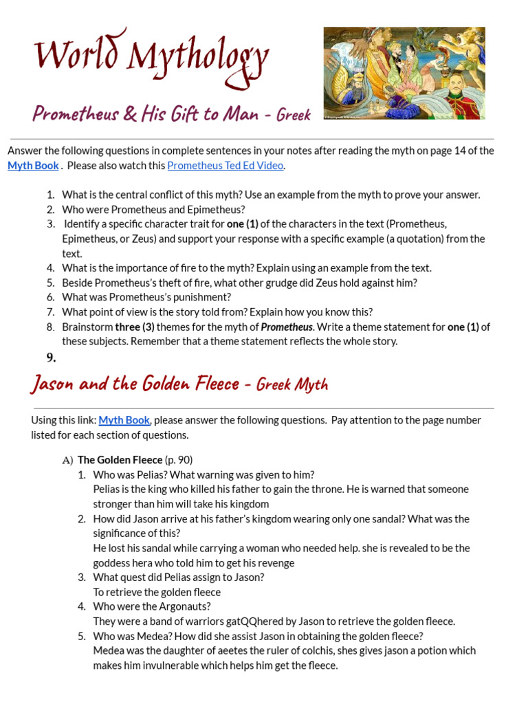 World Mythology Questions - Prometheus and Jason | PDF | Jason | Prometheus