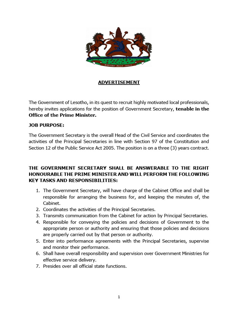 Job Advert For Government Secretary (3141) | PDF | Government