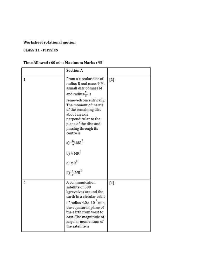 Class 11 Physics Worksheet on Rotational Motion | PDF | Rotation | Physics