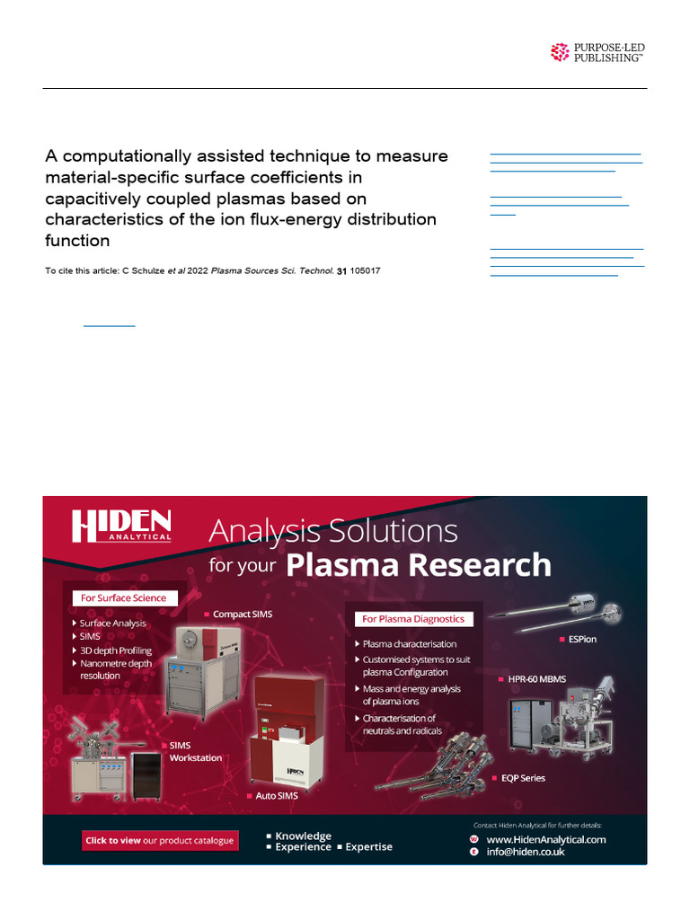 Schulze 2022 Plasma Sources Sci Technol 31 105017 | PDF | Plasma (Physics) | Electron