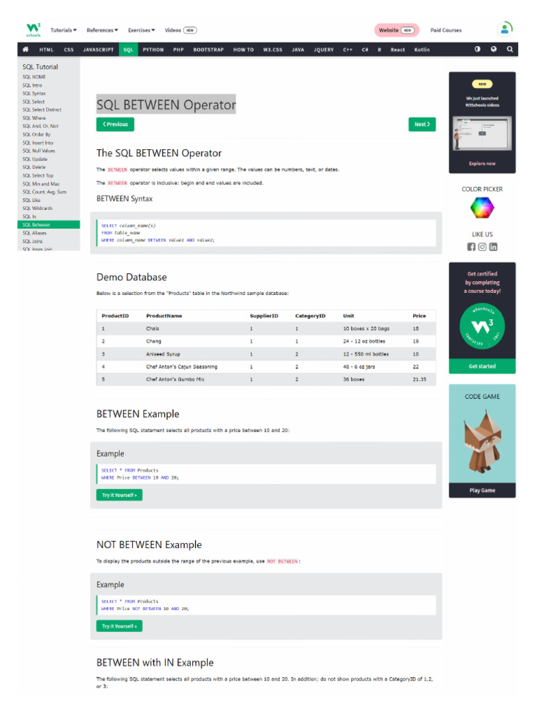 16)SQL BETWEEN Operator | PDF