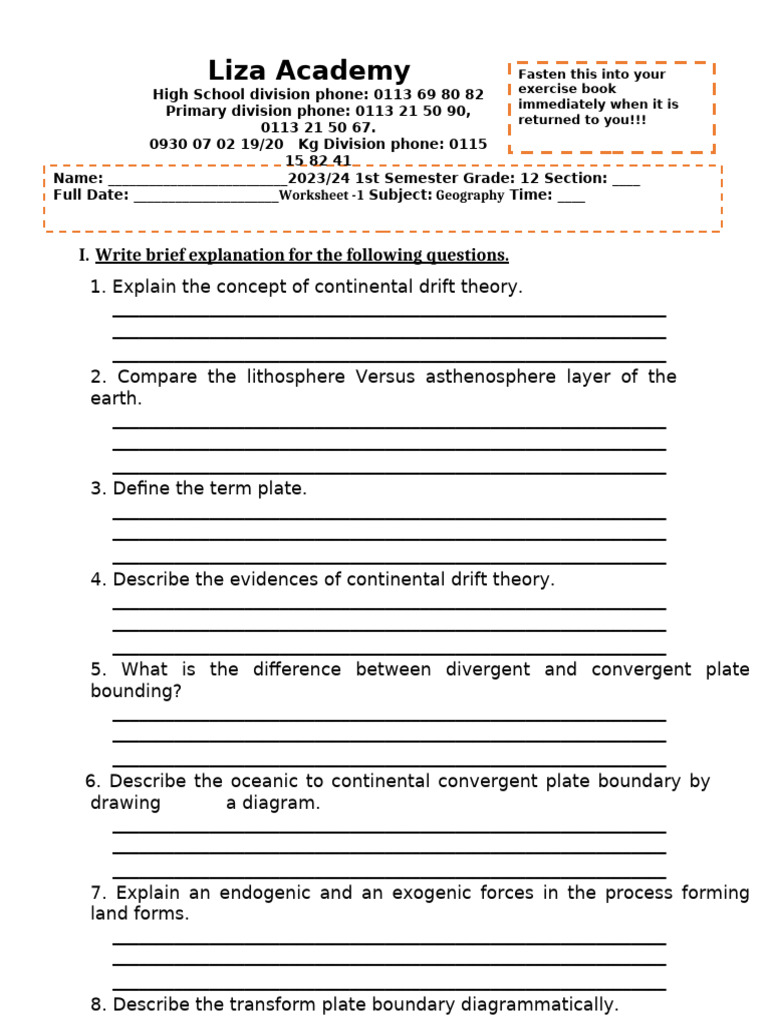 Work Sheet Geography | PDF | Plate Tectonics | Structural Geology