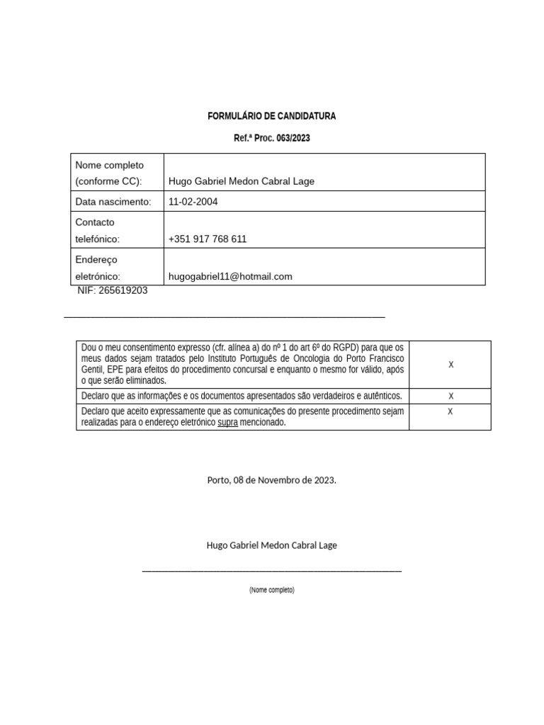 Formulario Candidatura | PDF