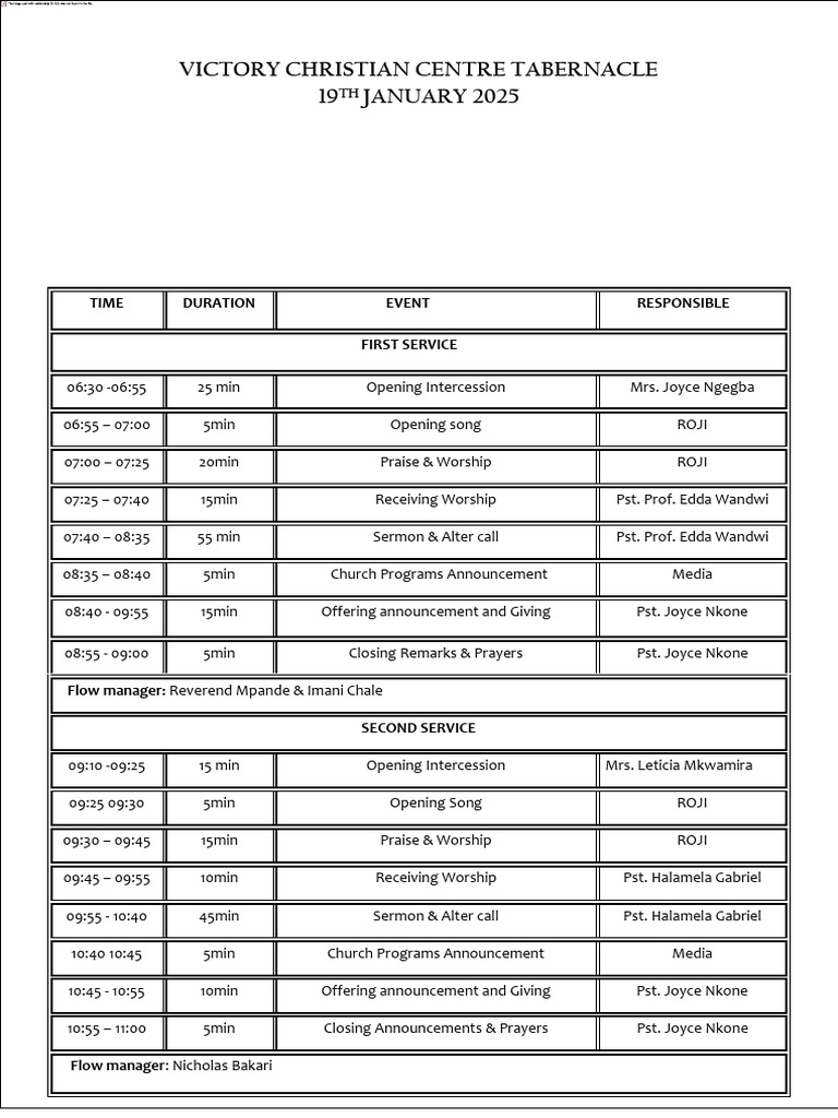 Sunday Service Schedule | PDF | Prayer | Christian Worship And Liturgy