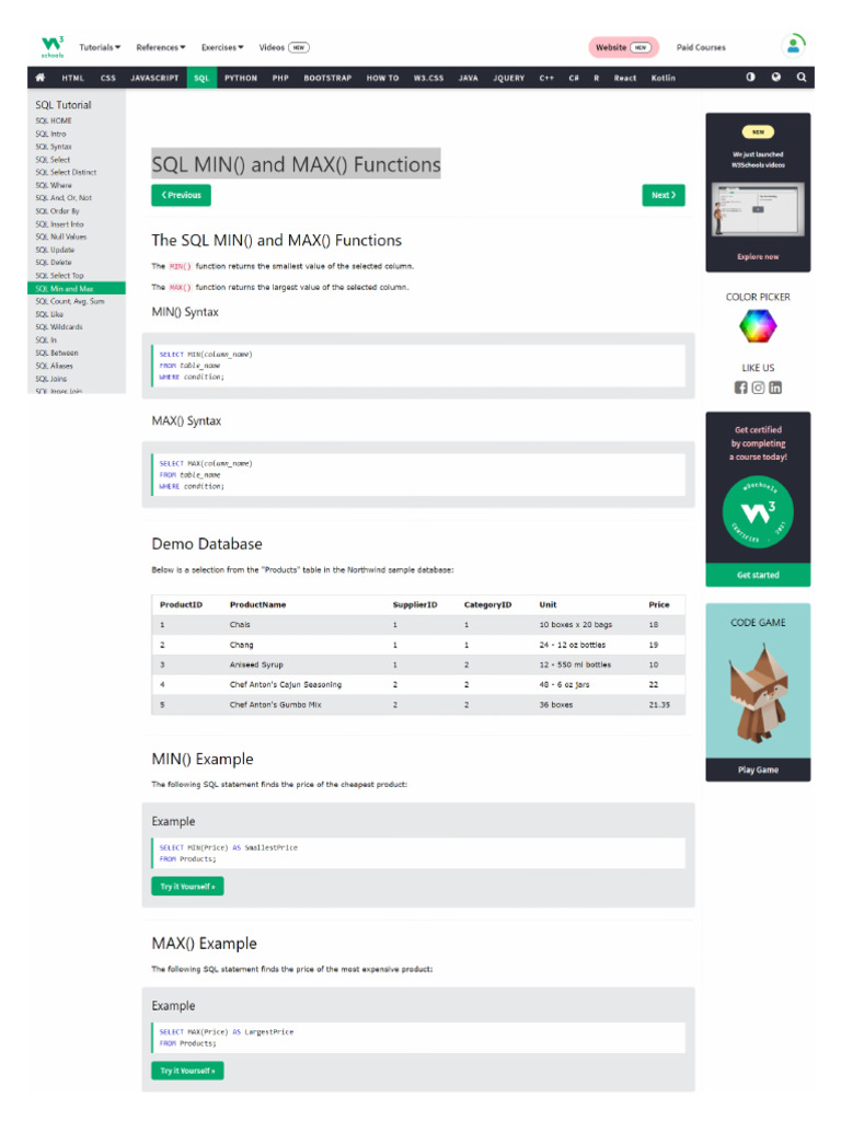 12)SQL MIN() and MAX() Functions | PDF