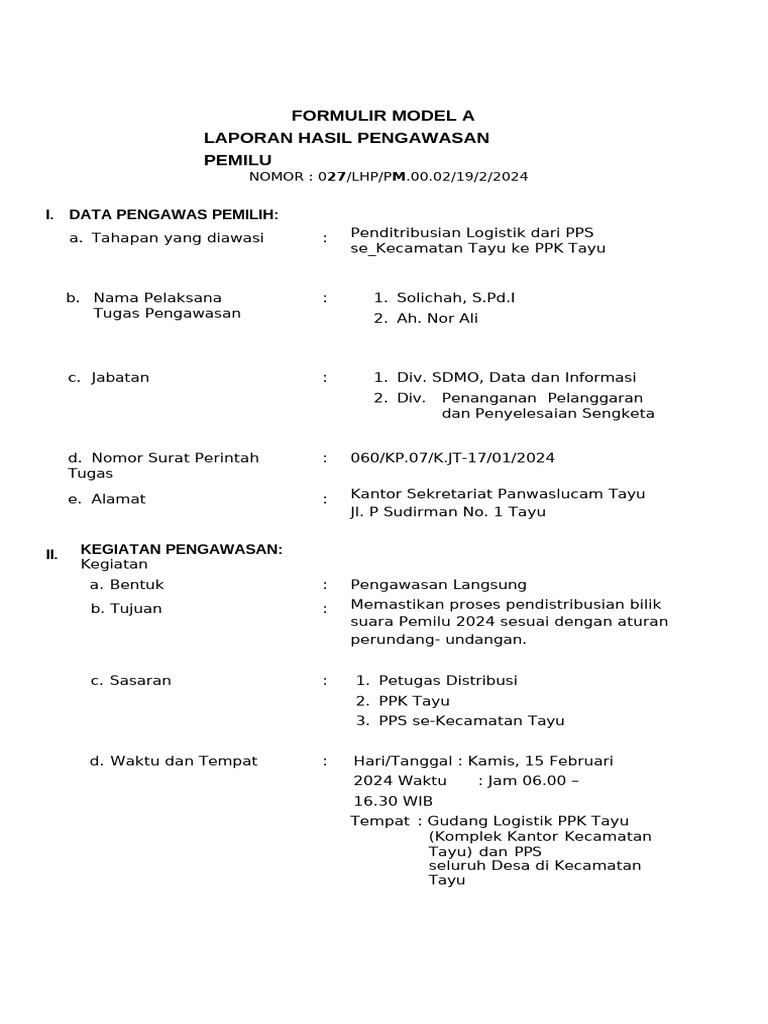 Form a Pengawasan Distribusi Logistik PPS Ke PPK 15 Feb 2024 TAYU | PDF