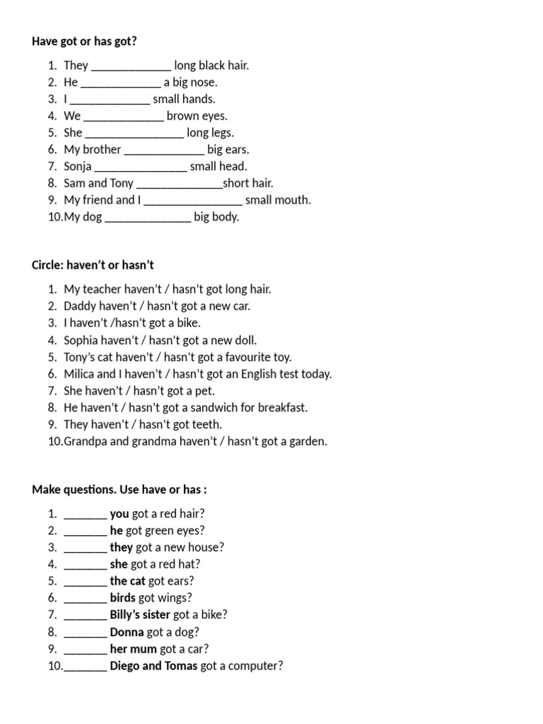 Have vs. Has: English Grammar Exercises | PDF