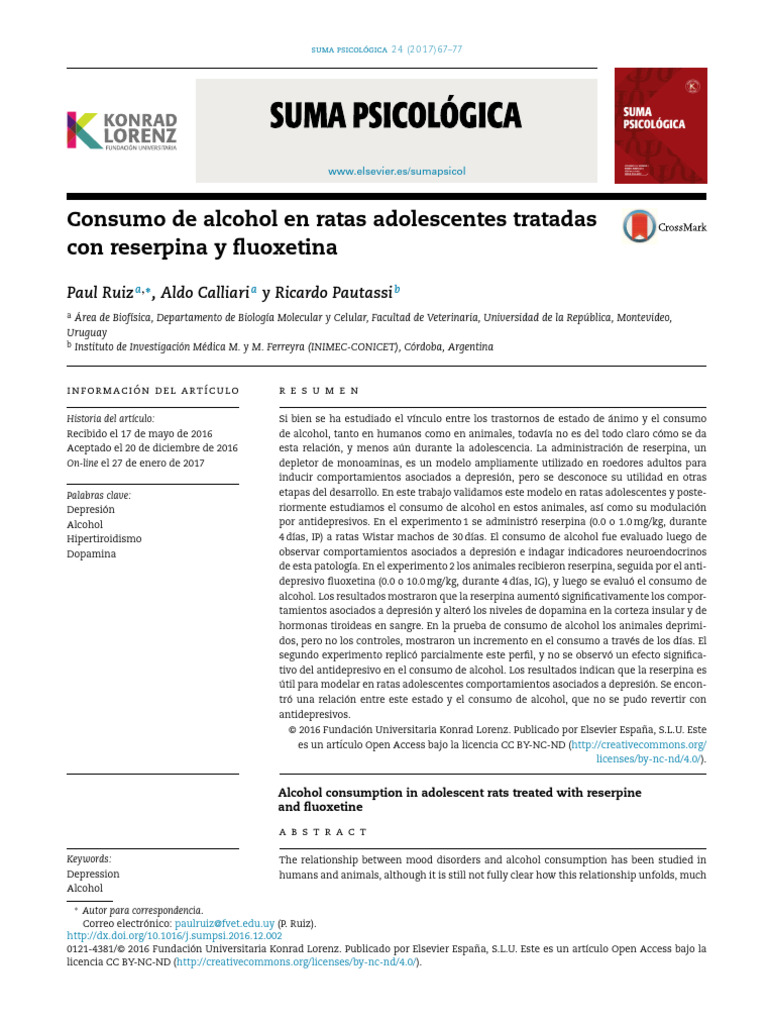Consumo de alcohol en ratas adolescentes | PDF | Depresión (estado de ...