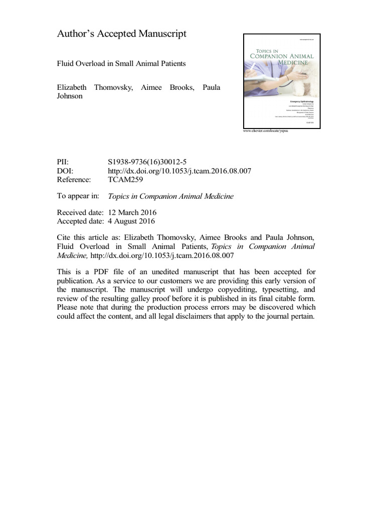 Fluid Overload in Small Animal Patients | PDF | Edema | Capillary