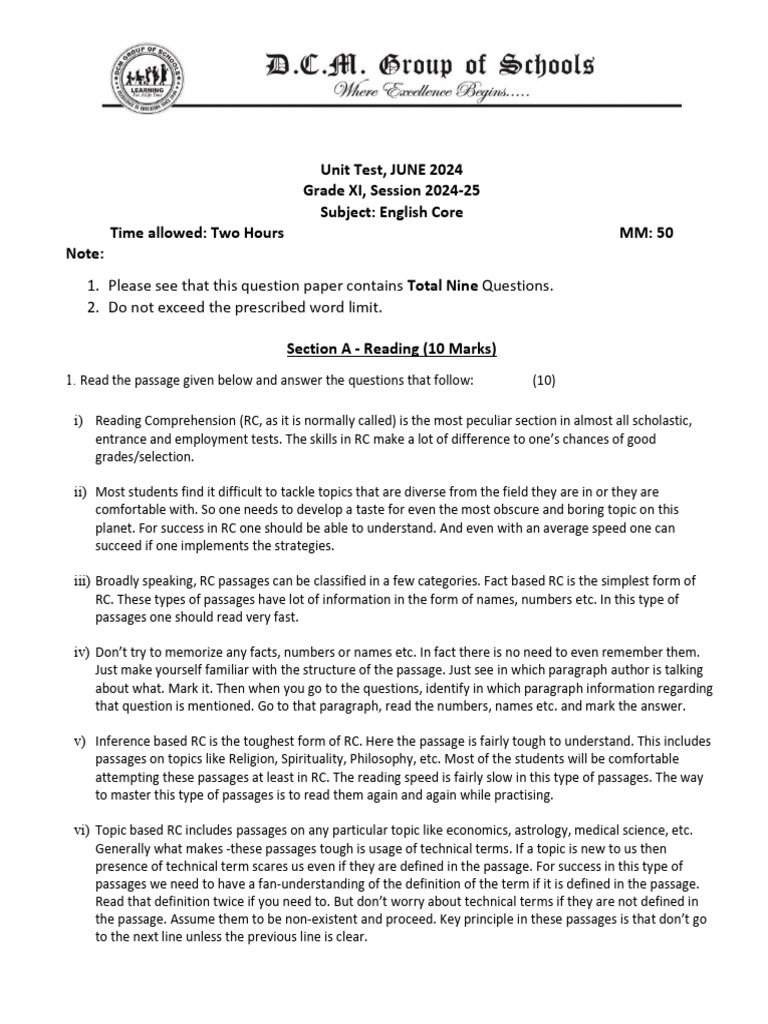 Xi English (11TH July) DCMC, Dcmi, DBS, DCMP, DCM Yes) | PDF | Reading Comprehension