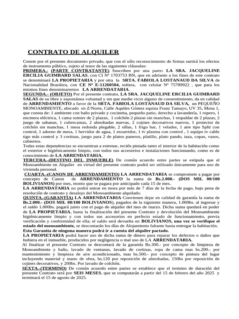 CONTRATO DE ALQUILER JACQUELINE GUIMBARD FABIOLA LOSTANAUD DA SILVA | PDF
