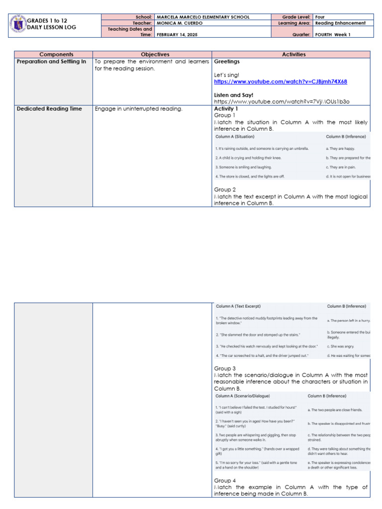 Q2 W8 Reading English Cuf SG | PDF | Learning | Inference