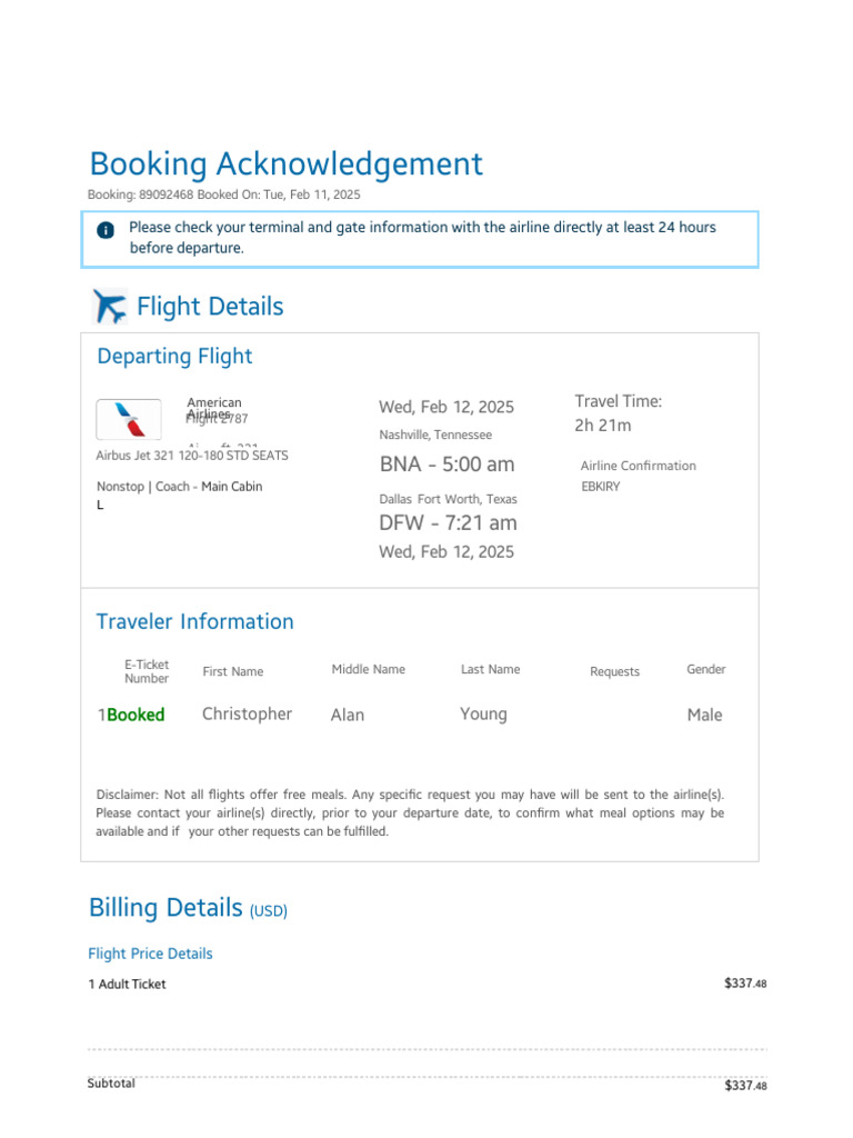 Booking Acknowledgement for Alan Young | PDF