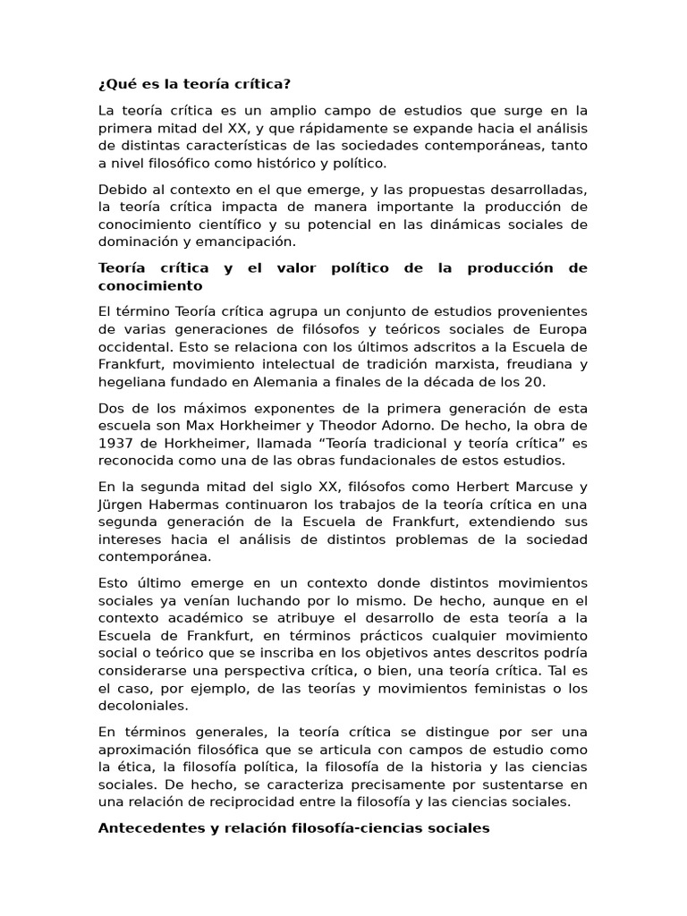 Teoría Crítica: Filosofía y Sociedad | PDF | La teoría crítica ...
