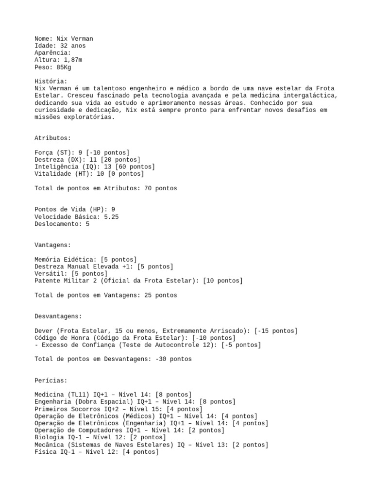 NIX. ficha gurps. arquivo de texto | PDF