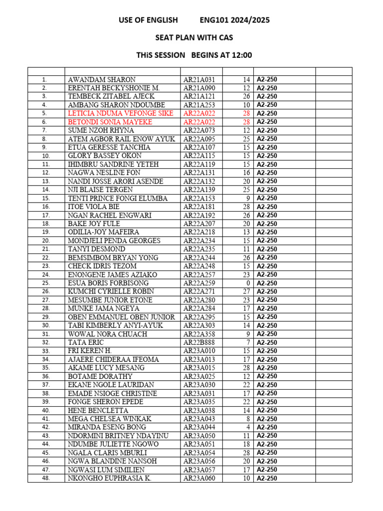 Final Eng101 Seat Plan 2024-2025 Merged List With CA | PDF