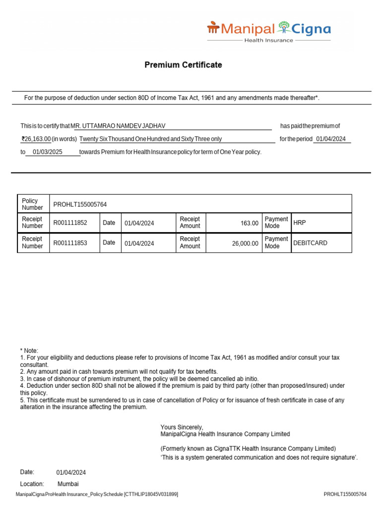Parents Insurance Premium Receipt | PDF | Receipt | Insurance