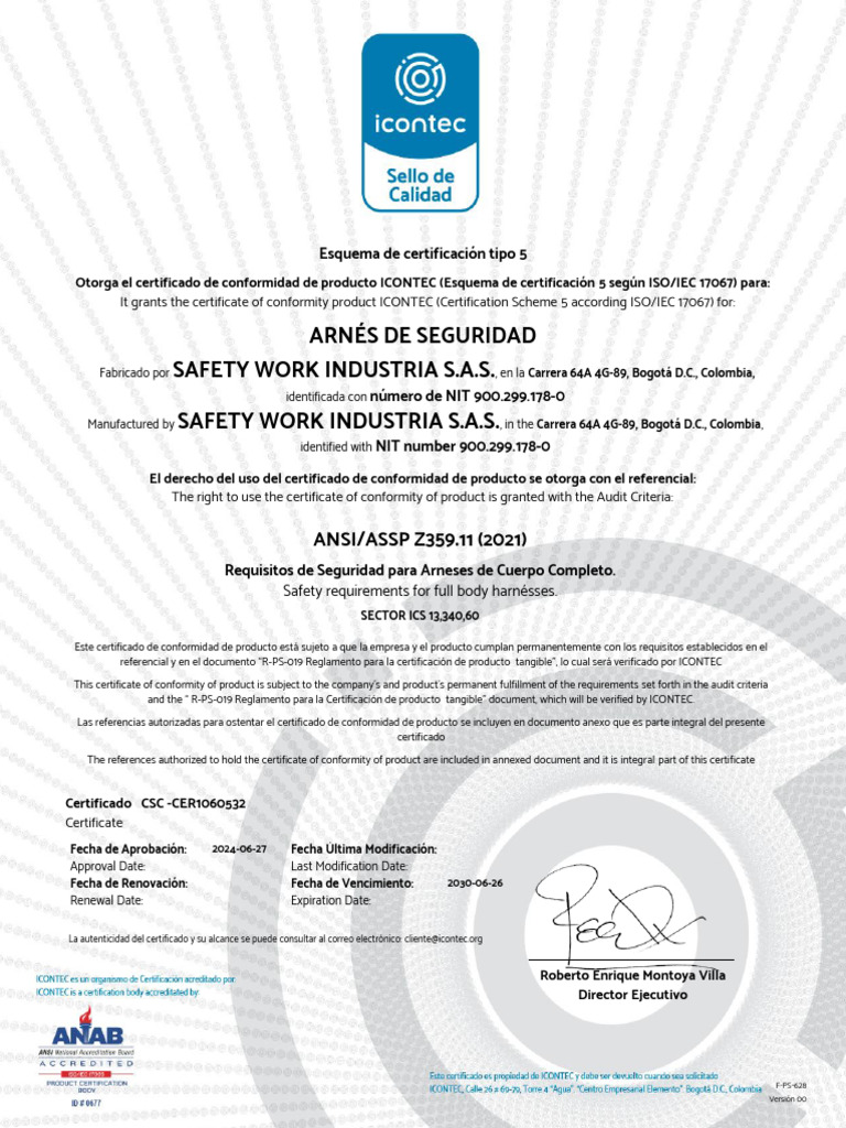 Certificado Arnes de Seguridad Swinline Fall Protection | PDF