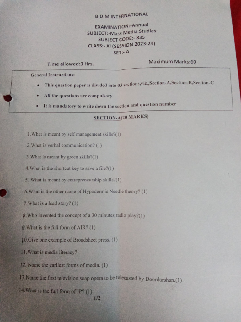 Mass Media Studies Pyq Set A&B | PDF | Mass Media | Communication