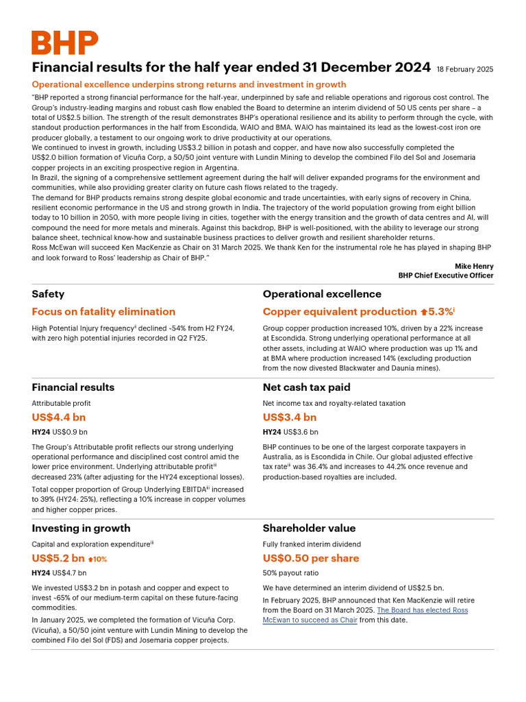 BHP 2024 Half-Year Financial Results | PDF | Dividend | Inflation