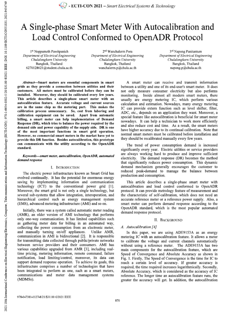A Single-Phase Smart Meter With Autocalibration and Load Control Conformed To OpenADR Protocol | PDF