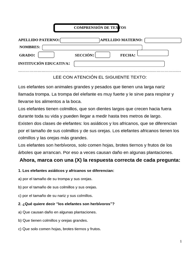 FICHA comprensión lectora lectura LOS ELEFANTES | PDF