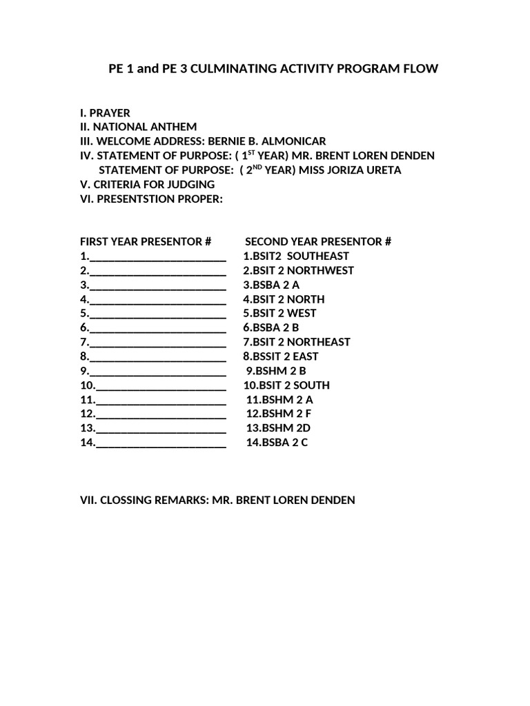 Pe 1 and Pe 3 Culminating Activity Program Flow | PDF