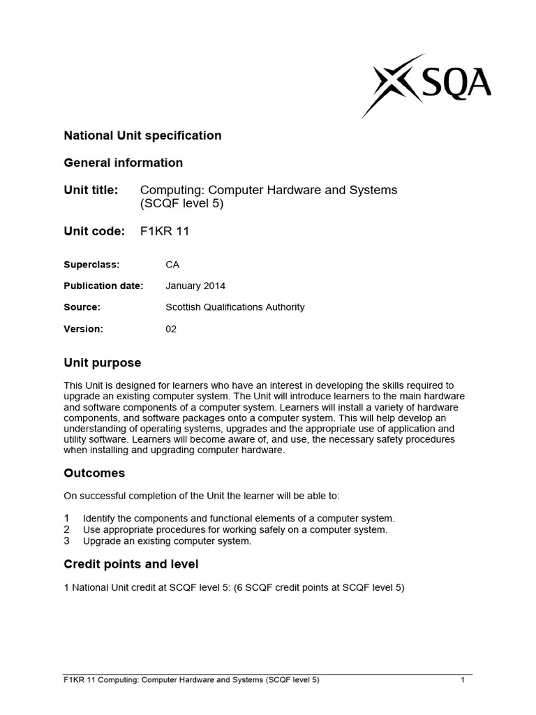 (SQA F1KR11) Computing - Computer Hardware and Systems (SCQF Level 5) | PDF | Operating System ...