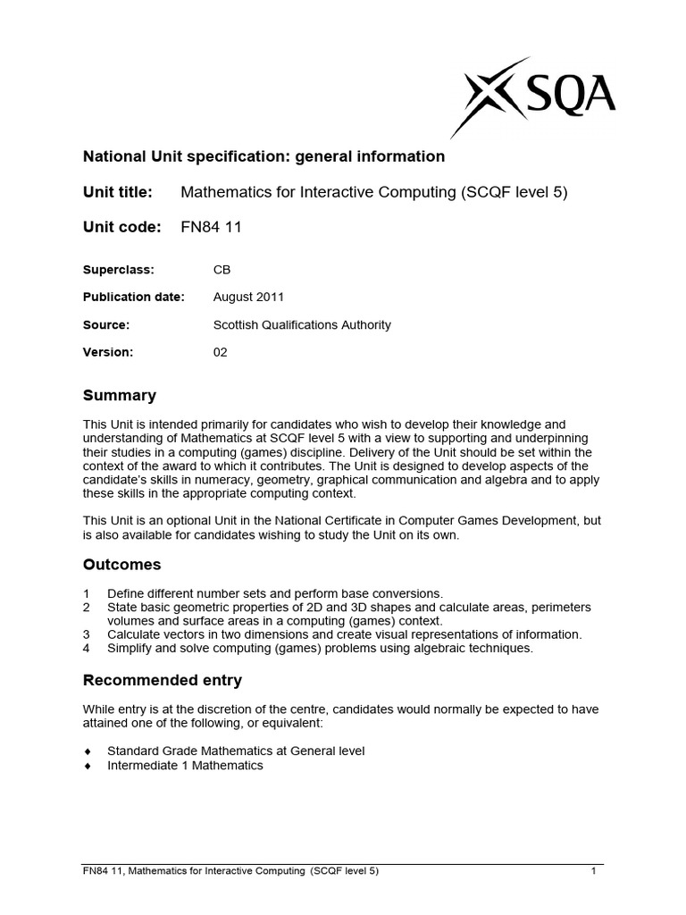 (SQA FN8411) Mathematics For Interactive Computing (SCQF Level 5) | PDF | Area | Mathematics