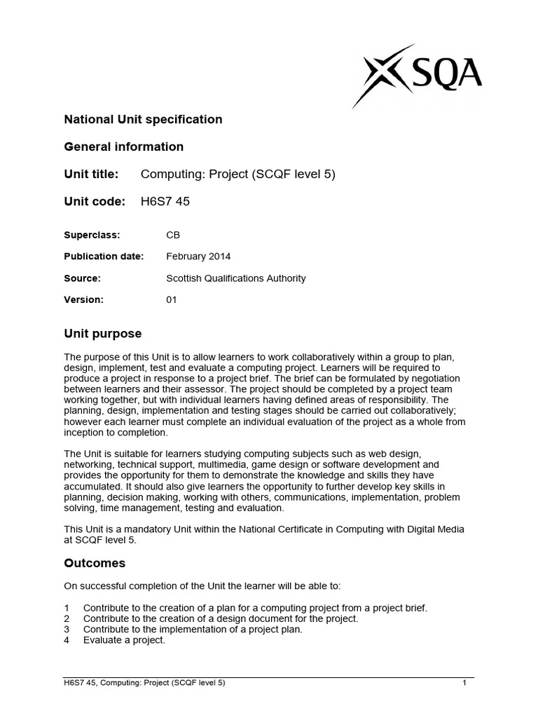 (SQA H6S745) Computing - Project (SCQF Level 5) | PDF | Specification (Technical Standard ...
